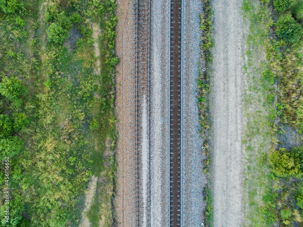 Overhead top down of empty railway track in countryside Stock Photo ...