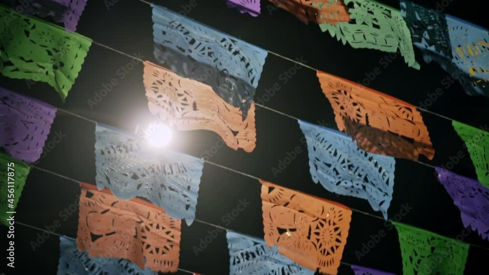Panning down long line of Papel Picado perforated paper mexican flags ...