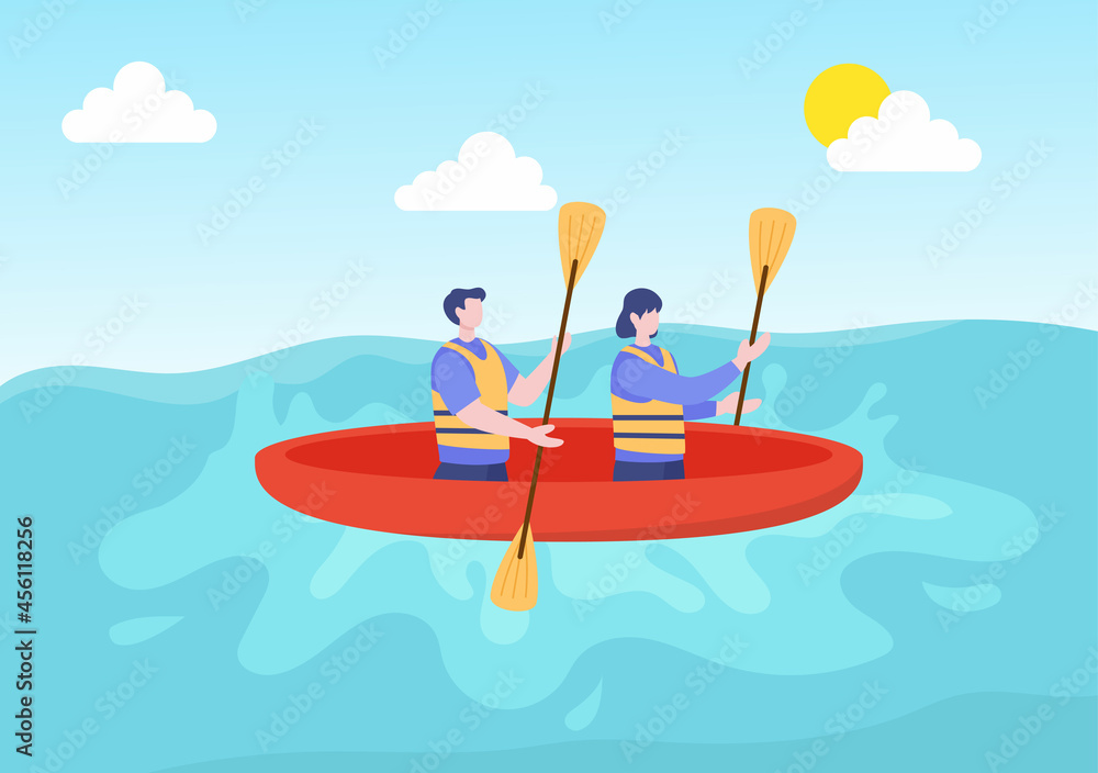 Rafting Background Flat Cartoon Vector Illustration With People do ...