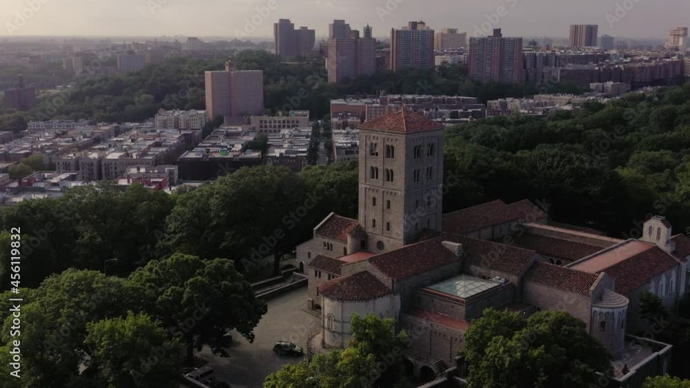 Long clockwise aerial orbit of The Cloisters museum in Upper Manhattan ...