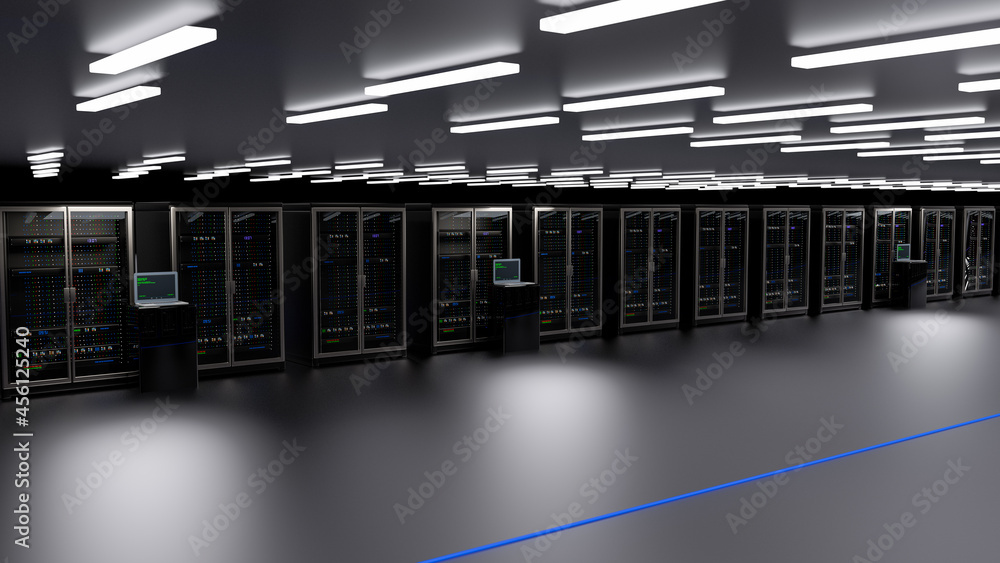 Rackmount LED console in server room data center. Server. Room servers ...