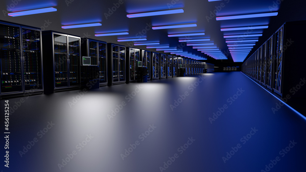 Rackmount LED console in server room data center. Server. Room servers ...
