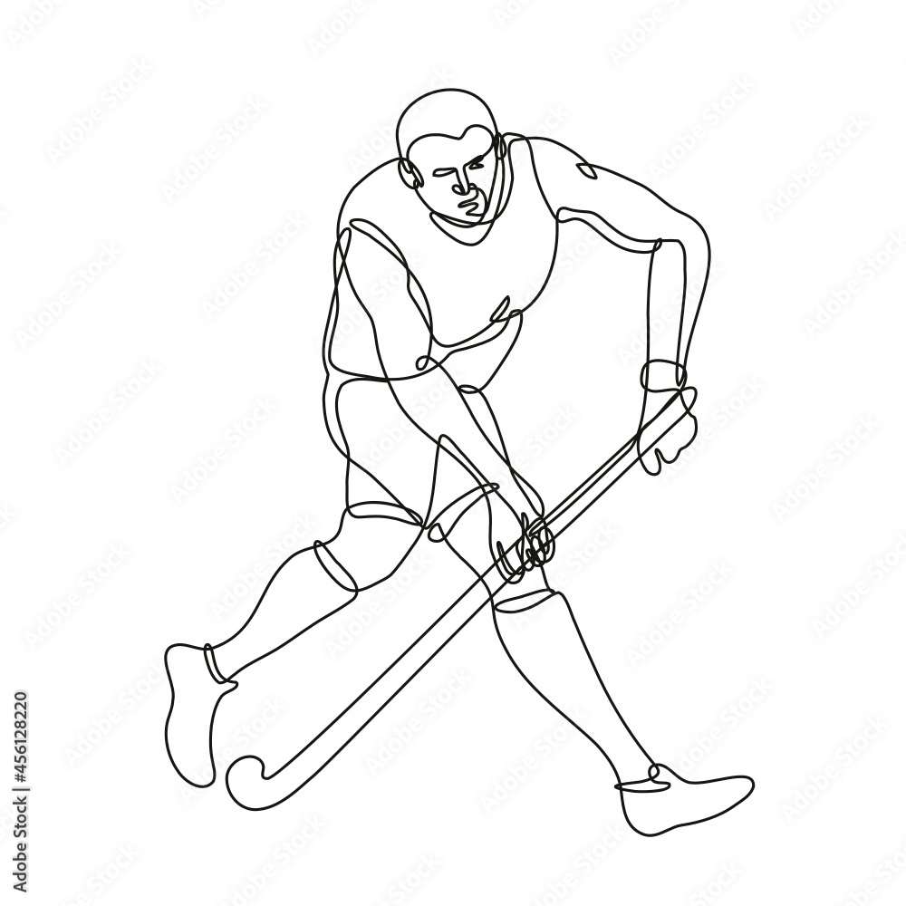 Continuous line drawing illustration of a field hockey running with ...