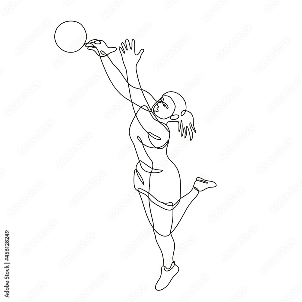 Continuous line drawing illustration of a netball player Rebounding and ...