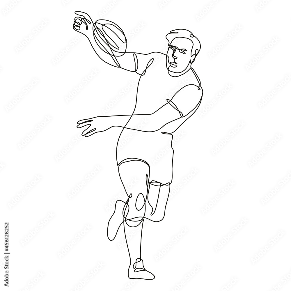 Continuous line drawing illustration of a rugby union player running ...