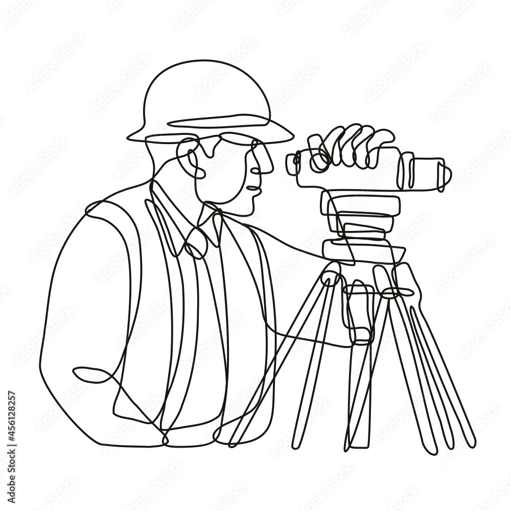 Continuous line drawing illustration of a geodetic surveyor using a ...