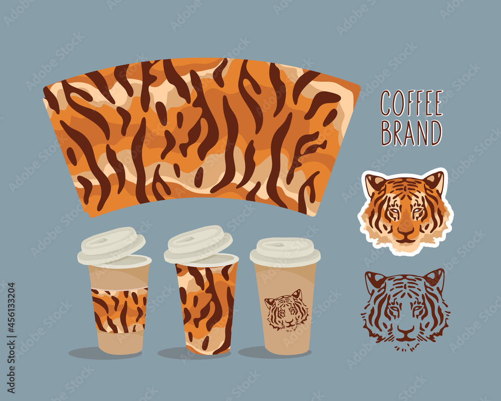 Coffee cups. Coffee to go. Coffee with a tiger pattern. The symbol of ...