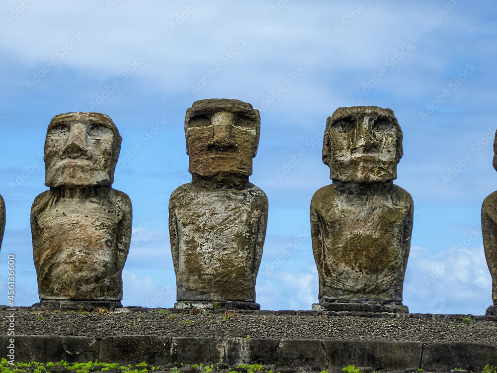 Moai statues on Easter Island. Ahu Tongariki against Blue Sky, Chile ...
