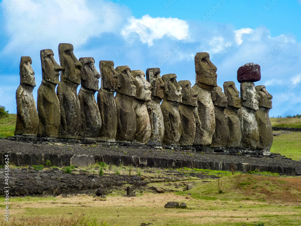 Moai statues on Easter Island. Ahu Tongariki against Blue Sky, Chile ...