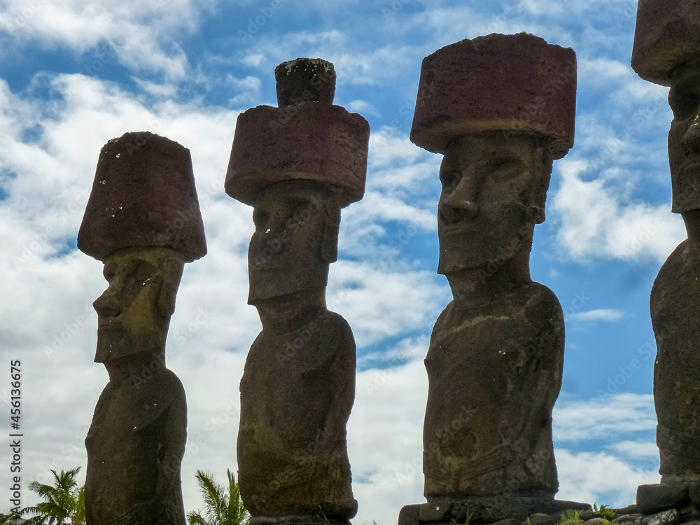Moai statues on Easter Island. Ahu Tongariki against Blue Sky, Chile ...