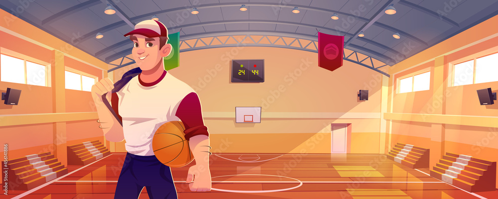 Basketball court with player, tribune, basket and scoreboard on wall ...