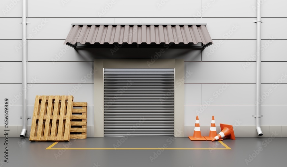 Gate warehouse with metal rolling shutter. Building front store or ...