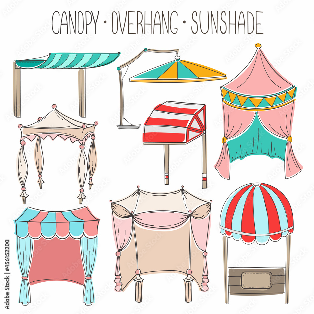 Set of vector outline images of awnings, gazebos, tents, awnings, sun ...