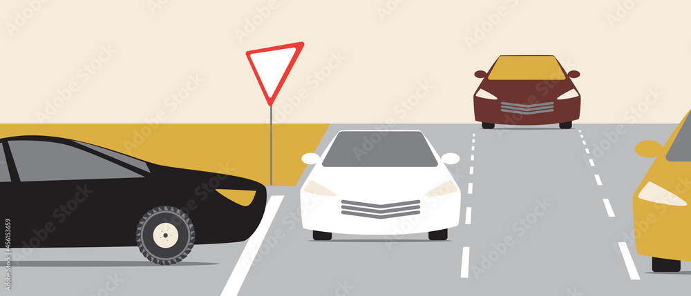 Car gives way at stop line, Flat vector stock illustration with ...
