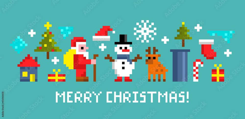 Set of pixel art christmas symbols and characters. Stock Vector | Adobe ...