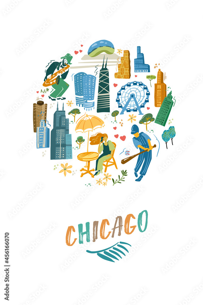 Chicago card with landmarks icons set. Traditional symbols, people and ...