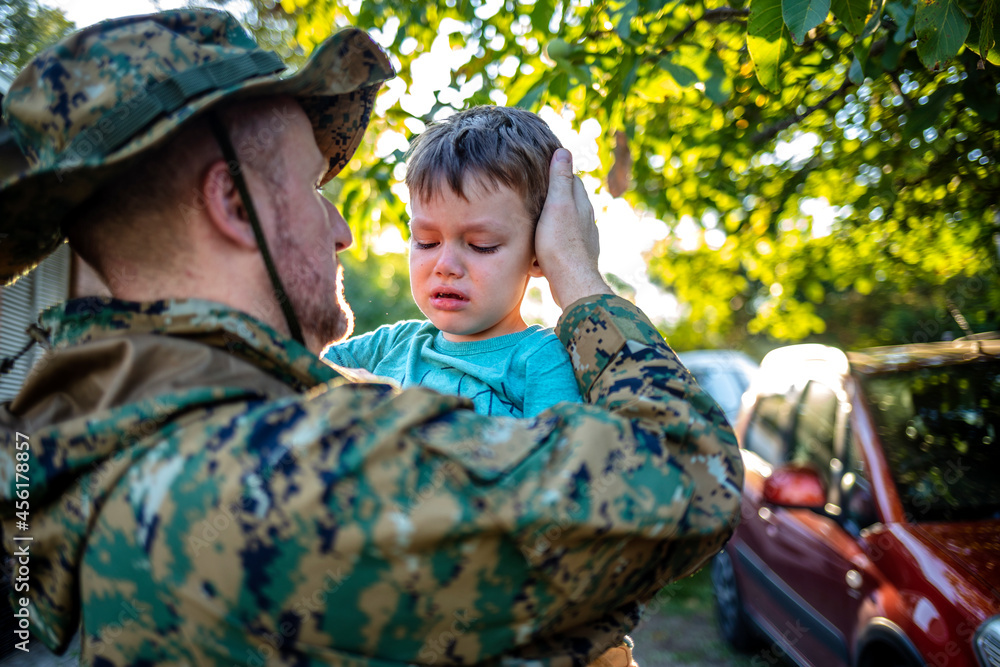 One young man, soldier, returns from military service and meeting his ...