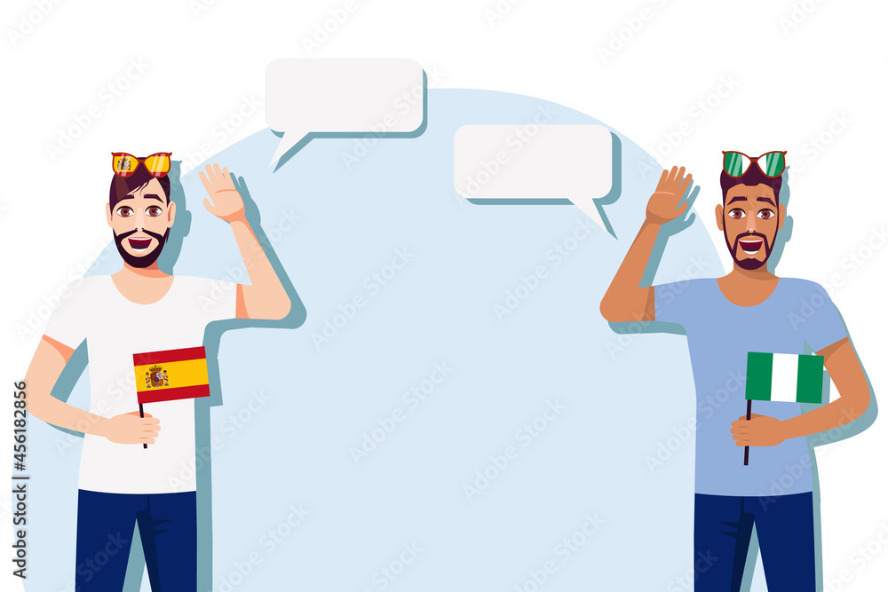 Men with Spanish and Nigerian flags. Background for text. Communication ...