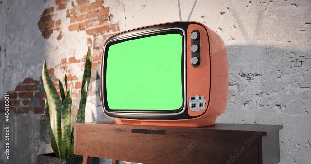 Retro tv in an old room with a broken brick wall - green screen mockup ...