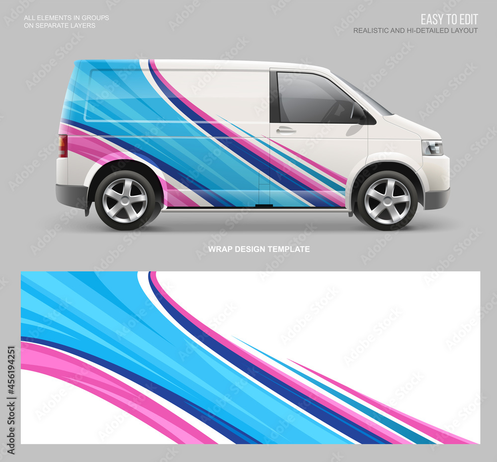 Realistic vector Van mockup with abstract blue and pink design for ...