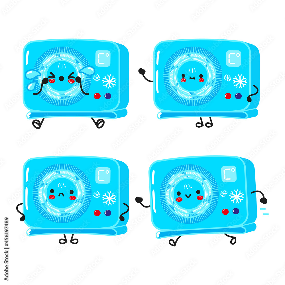 Funny cute happy air conditioning characters bundle set. Vector kawaii ...
