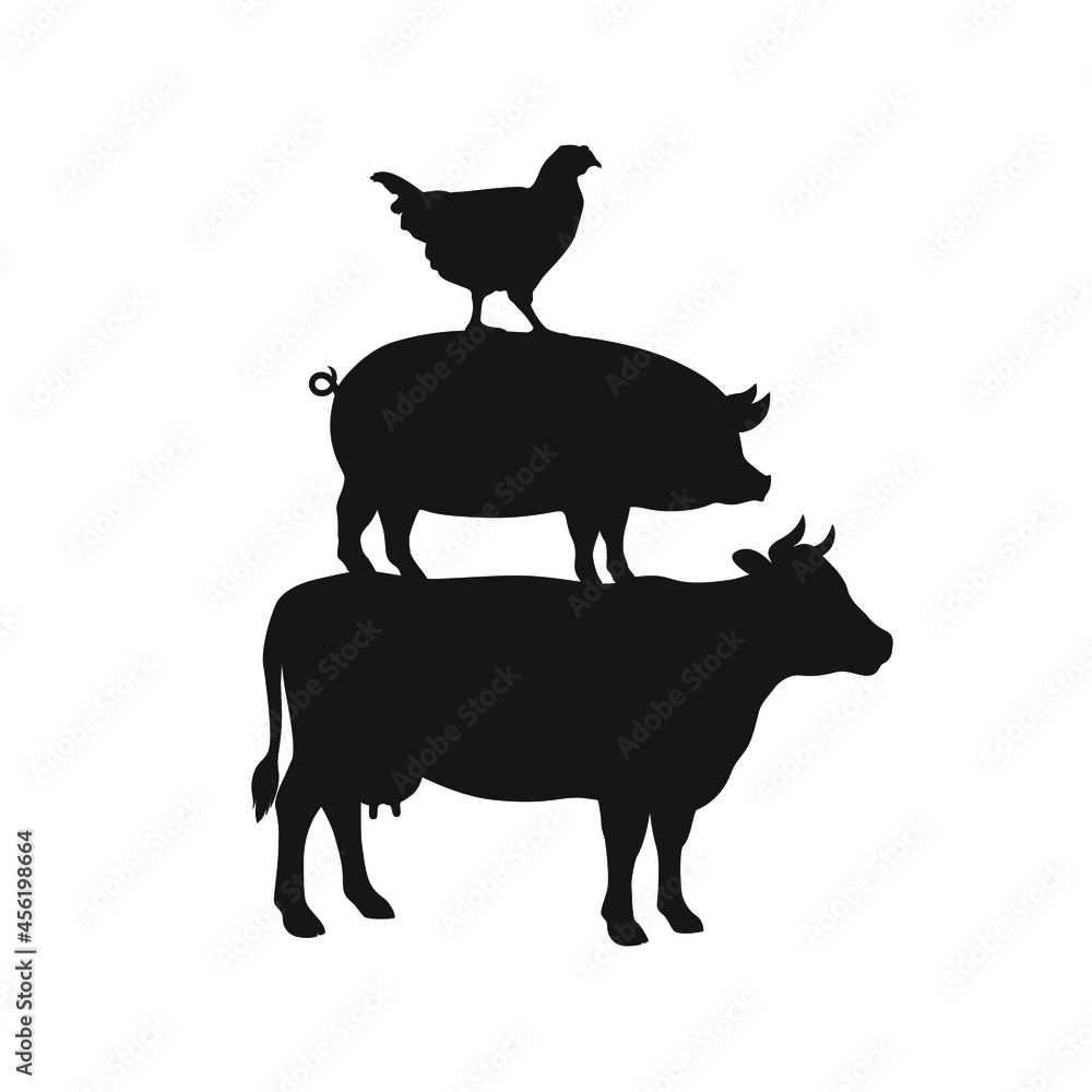 Domestic livestock graphic symbol. Pyramid from cow, pig and chicken ...