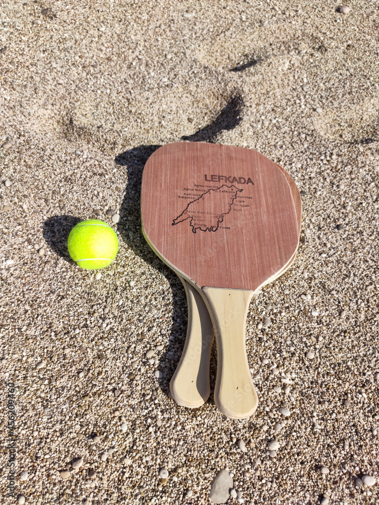 Matkot greek paddle beach tennis game with ball and wooden rackets with ...