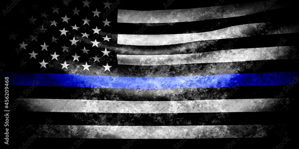 Black and white USA flag with blue line in grunge style with darkened ...