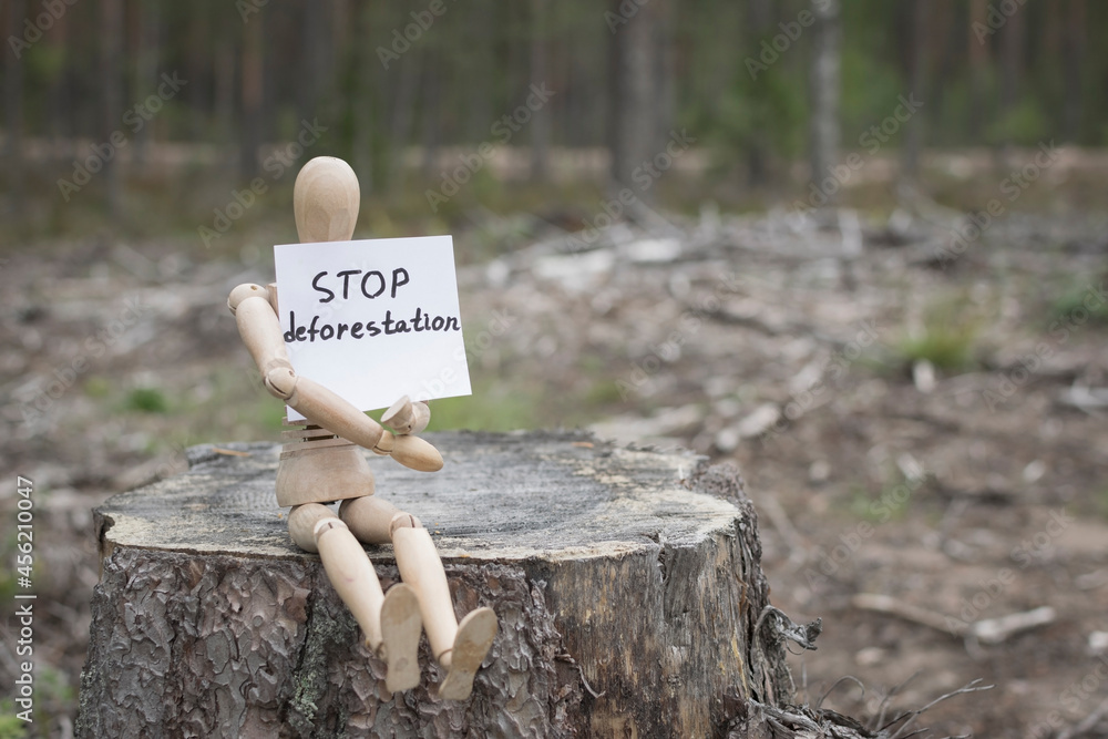 Wooden man on a stump in the forest, deforestation concept. Stock Photo ...