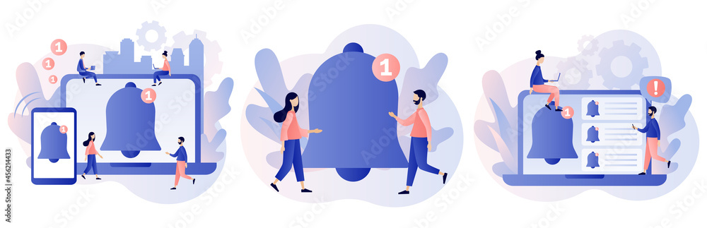 Notifications. Ring bell as reminder pop up. Tiny people get chat ...