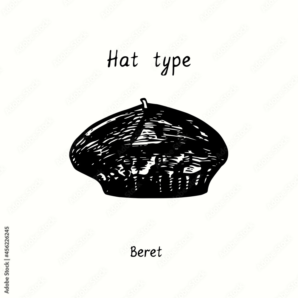 Hat type, Beret. Ink black and white drawing outline illustration Stock ...