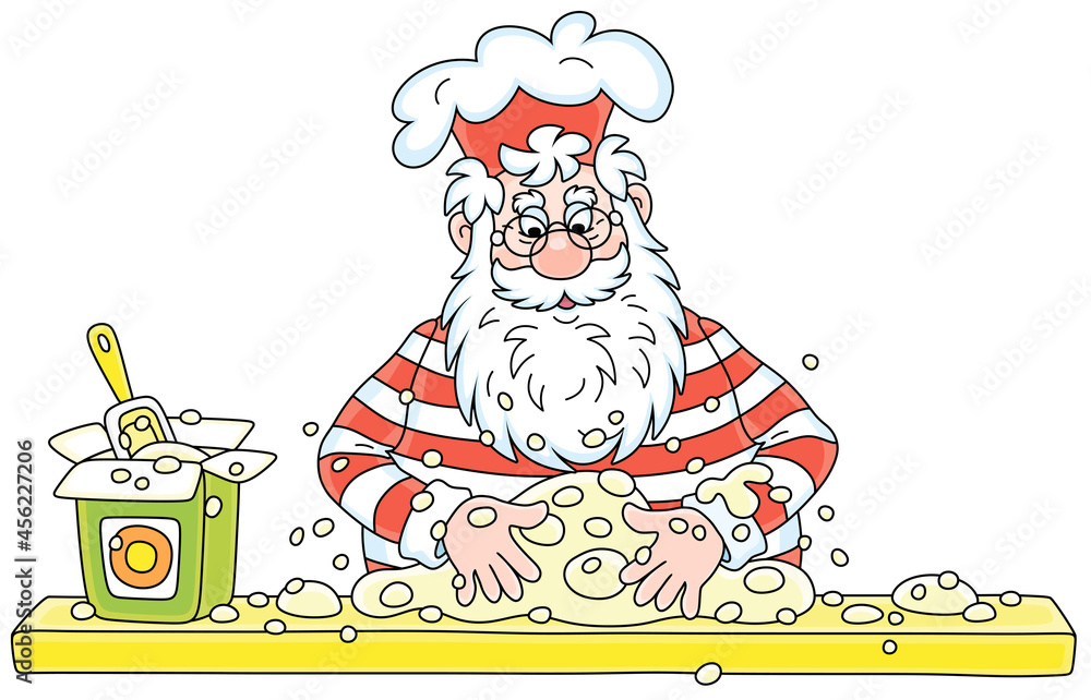 Santa Claus standing at his kitchen table and kneading white dough to ...