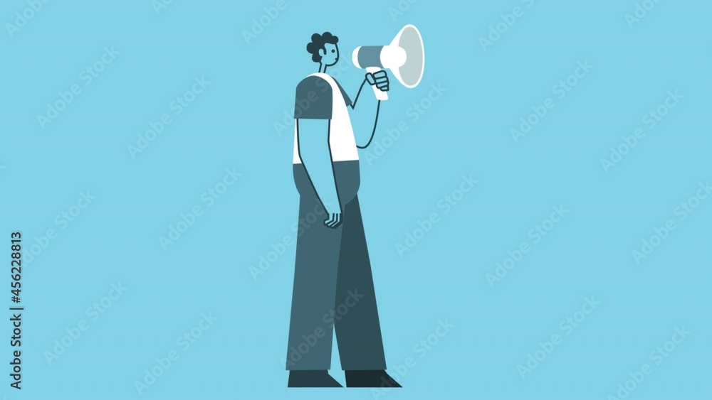 The cartoon man character walks and speaks into a loudspeaker. Flat ...