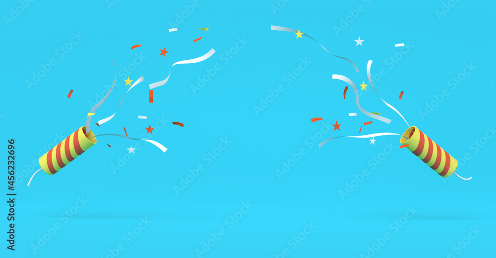 Exploding party popper with confetti and streamer isolated on background, Celebration Concept ...