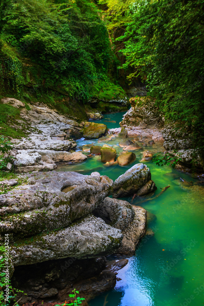 MARTVILI, GEORGIA: Abasha River with azure water in Martvili Canyon on ...