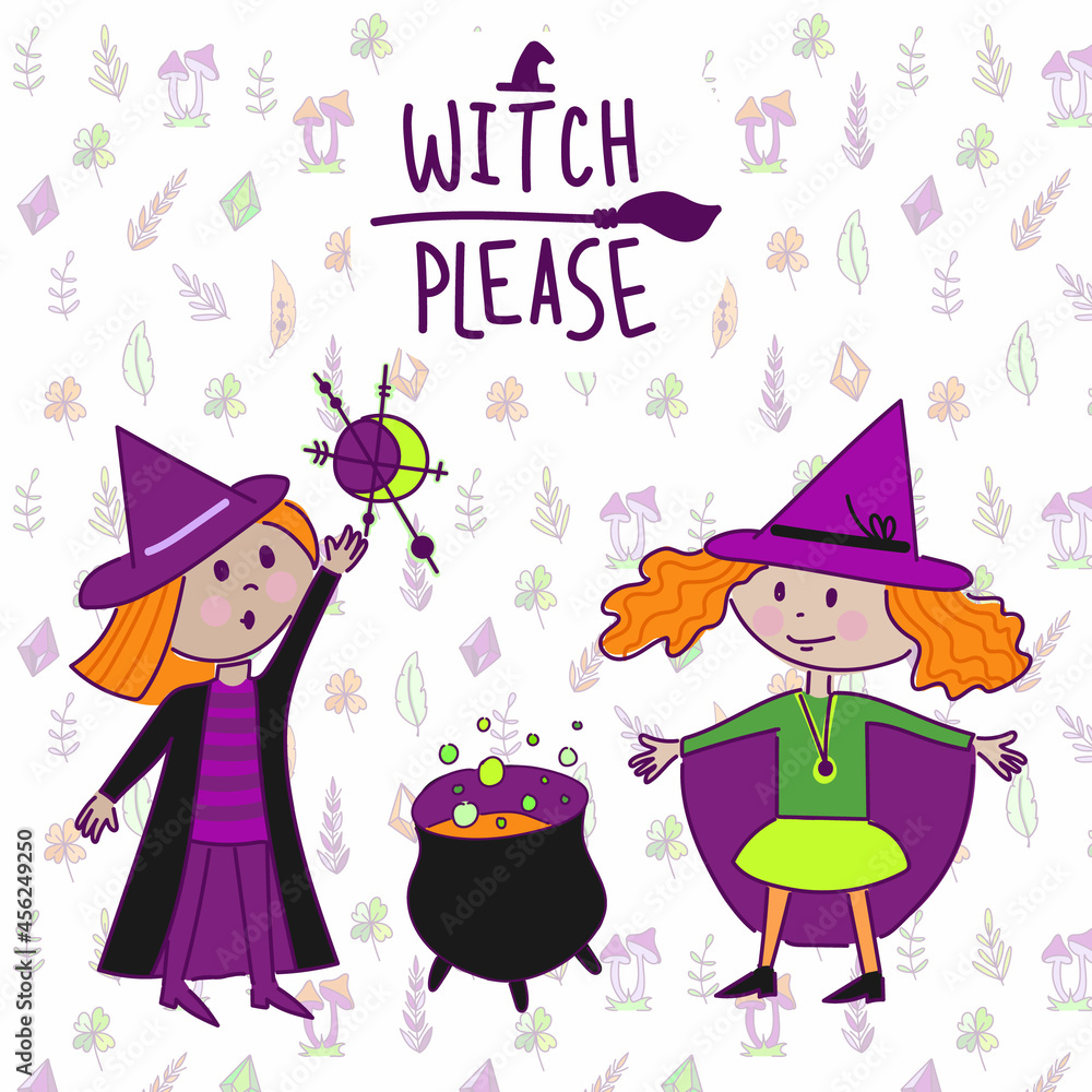 Happy Halloween! Vector cute illustration of a witch preparing a potion ...