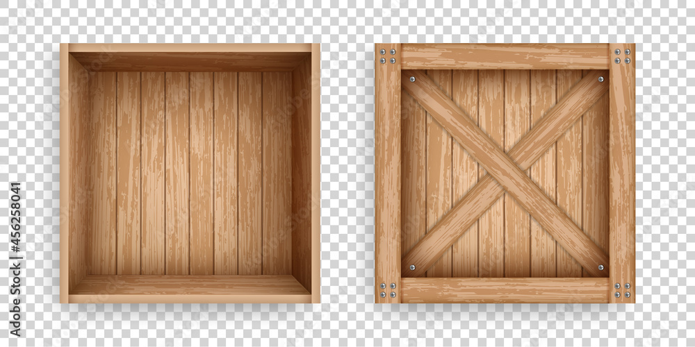 Open and closed containers of old planks. Realistic wooden crates for ...