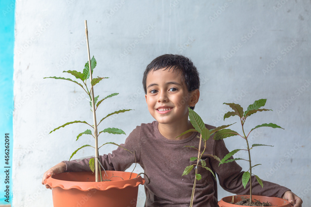 A happy boy enjoy with his Kratom tree seedlings. .A cute boy sat ...