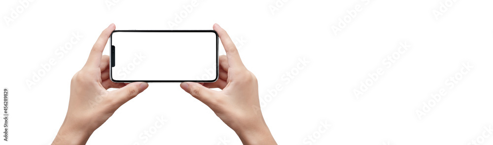 cell phone in horizontal position in the hands of a man with white ...