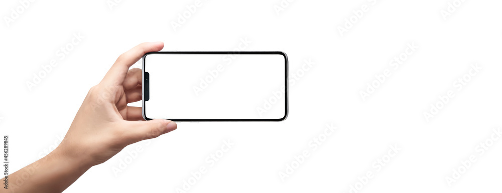 cell phone in horizontal position in the hands of a man with white ...