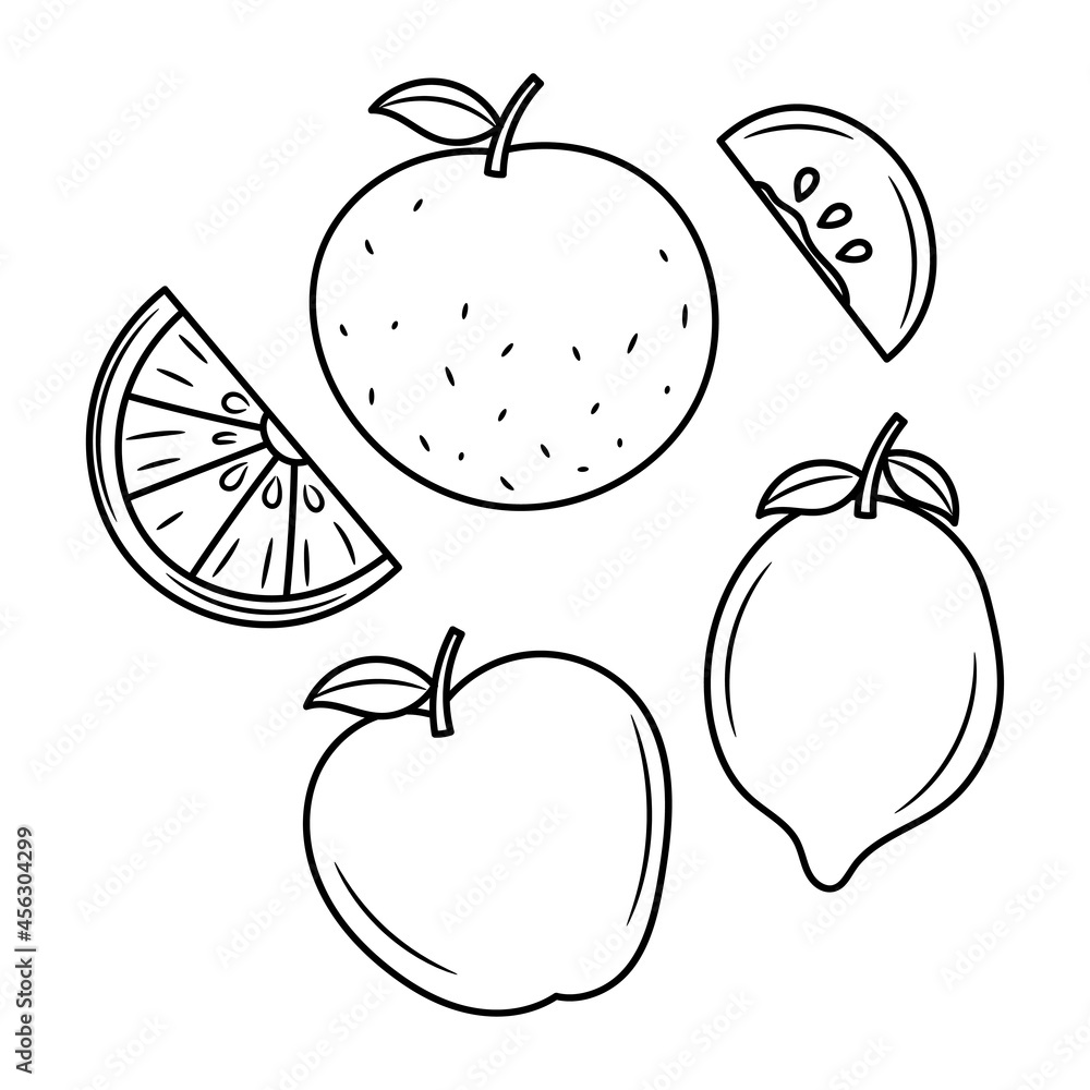Cute fruit doodle, simple black white hand drawn sketch vector objects ...