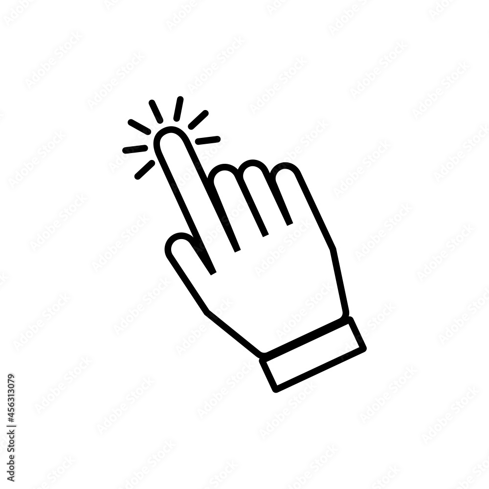 Click here the hand button. Finger click icon. Hand action button ...