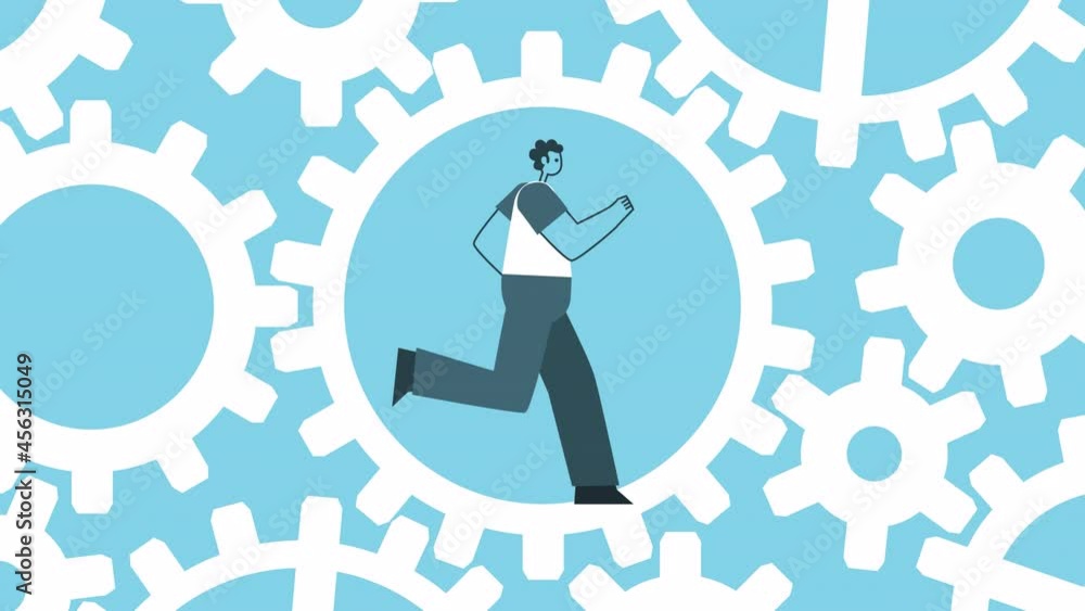 Cartoon Man Running inside Gear Mechanism. Flat Design 2d Character ...