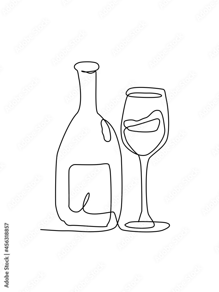 Line art, doodle ,one line of bottle of champagne and glass isolate on ...
