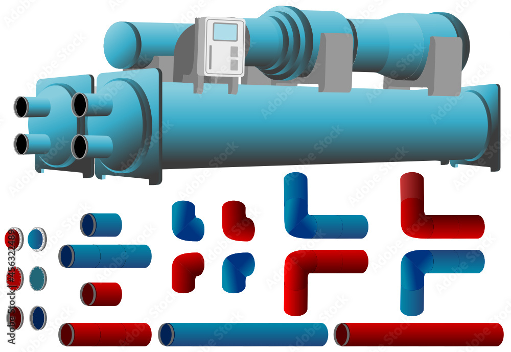 3D Coloured Chiller for BMS design with connecting supply and return ...