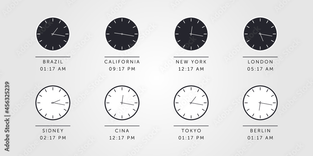 Set of day and night clock for time zones different cities. Vector ...