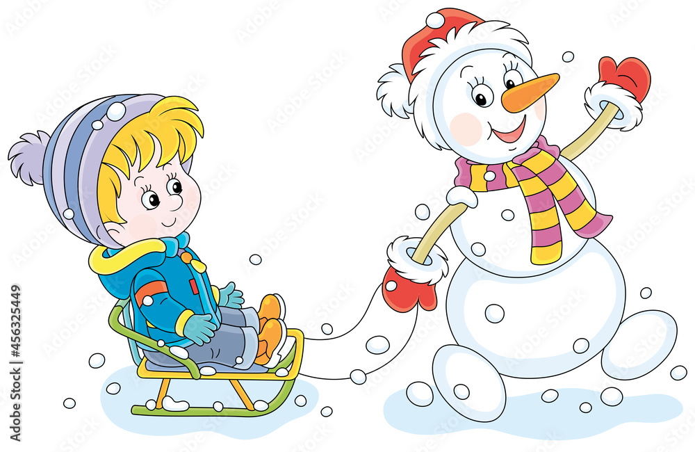 Funny snowman friendly smiling, waving its hand in greeting and ...