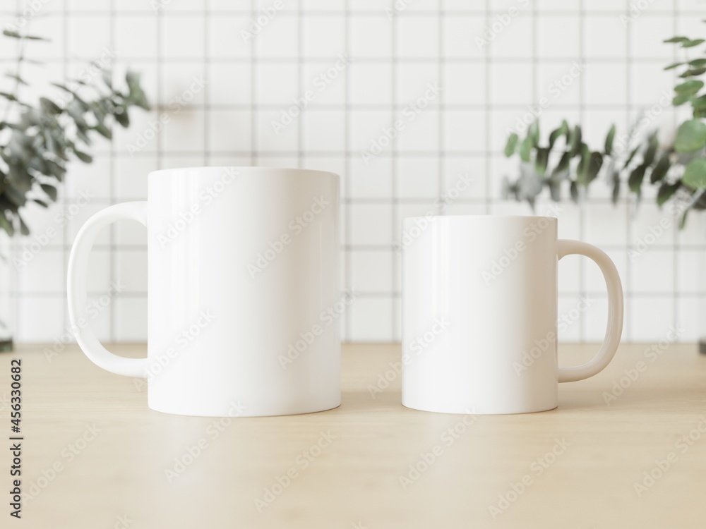 Two white mugs same design and various size with surface available for ...