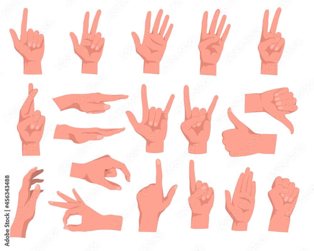 Set of hand gestures cartoon vector illustration. Human palm with ...