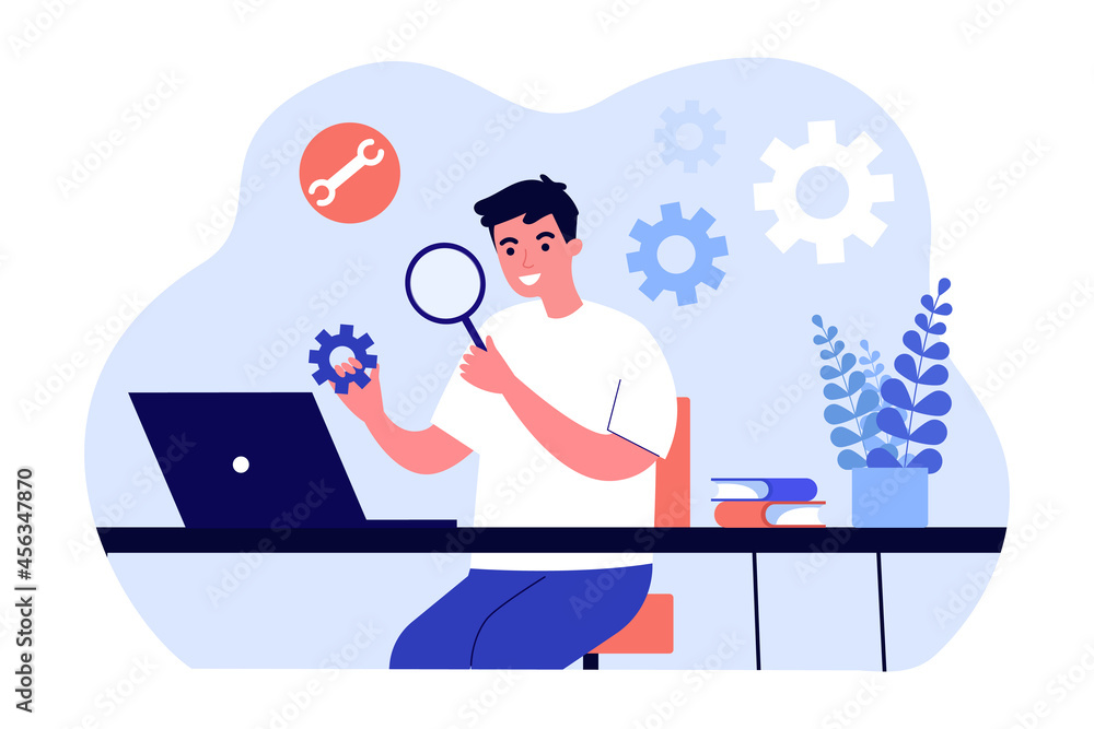 Young technician examining settings flat vector illustration. Man ...